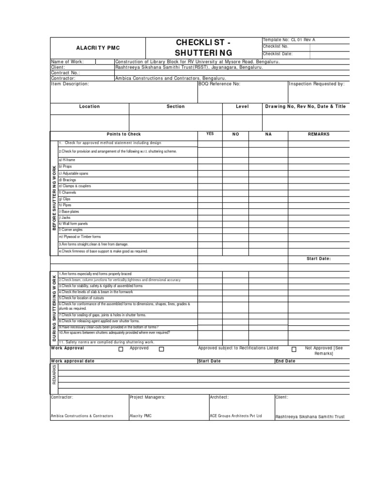 Checklist For Shuttering Work (Civil) | Download Free PDF | Building ...