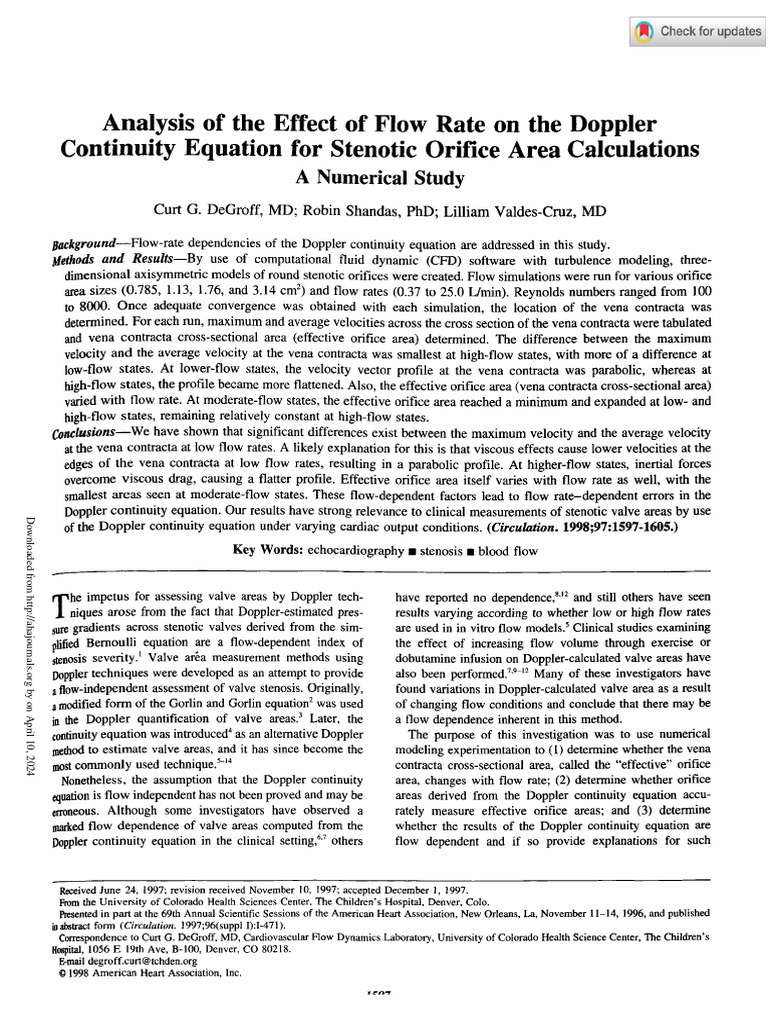 Degroff Et Al 1998 Analysis Of The Effect Of Flow Rate On The Doppler Continuity Equation For