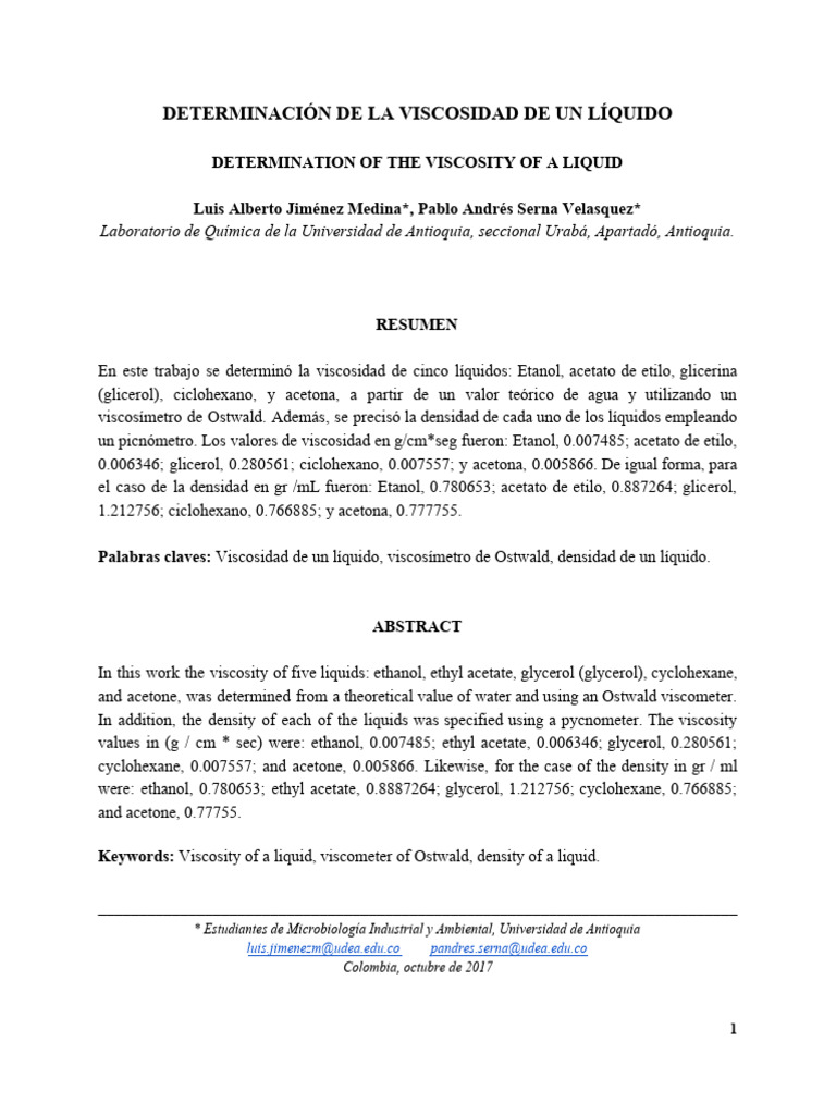 Determinacion de La Viscosidad de Un Liq | PDF | Fluido | Viscosidad Determinacion de La Viscosidad de Un Liq | PDF | Fluido | Viscosidad