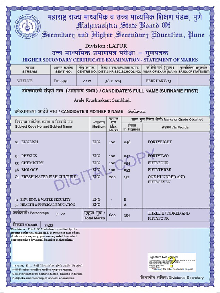 HSC Marksheet: Latur Division Feb-23 | PDF