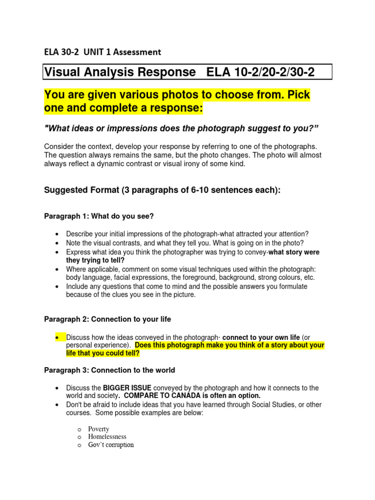 ELA 30-2 Unit 1 Visual Response Exam - New | PDF