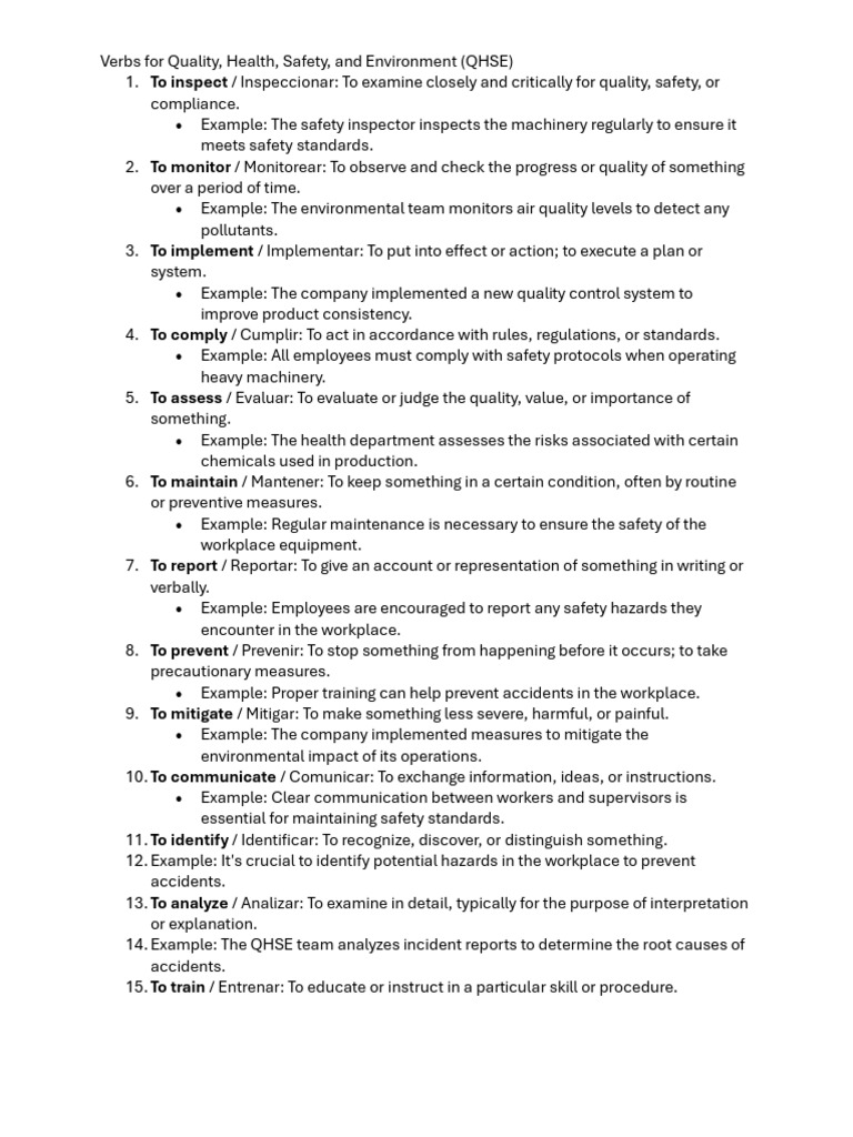 Verbs for Quality | PDF | Safety | Occupational Safety And Health