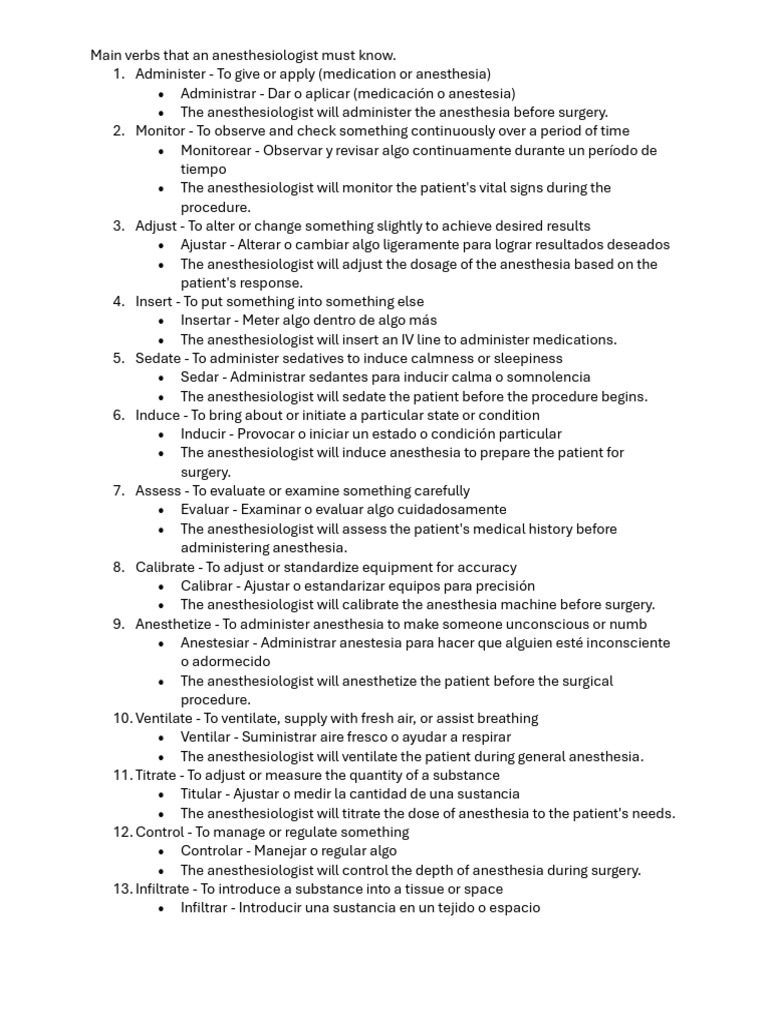Main Verbs That An Anesthesiologist Must Know | PDF | Anesthesia | Surgery