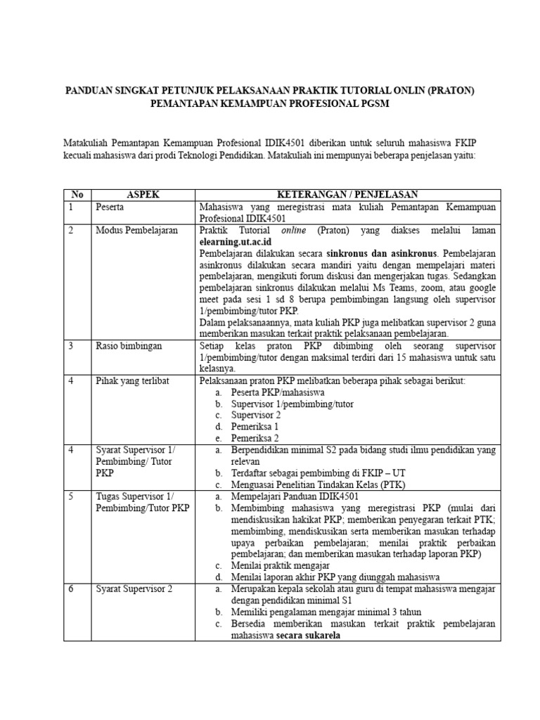 PANDUAN SINGKAT PELAKSANAAN PRATON PKP PGSM IDIK4501 091023 | PDF