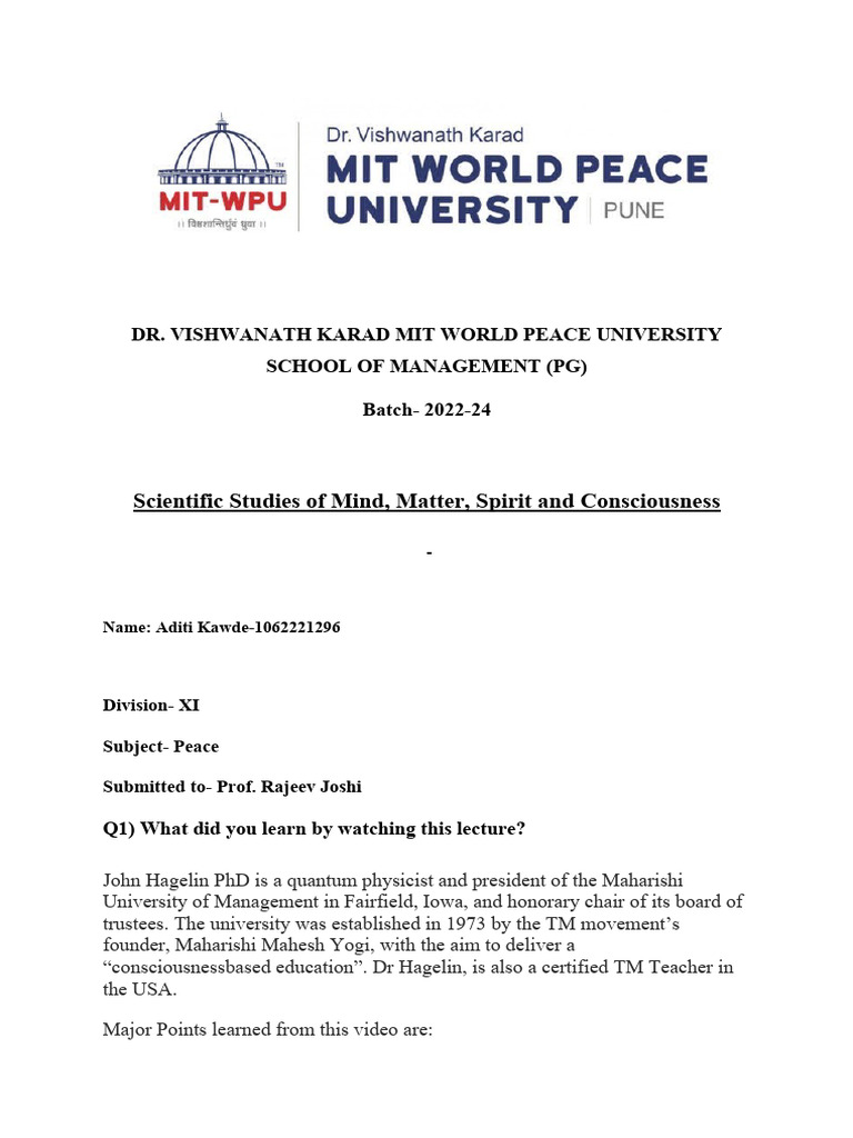 Peace Group Assignment | PDF | Physics | Consciousness