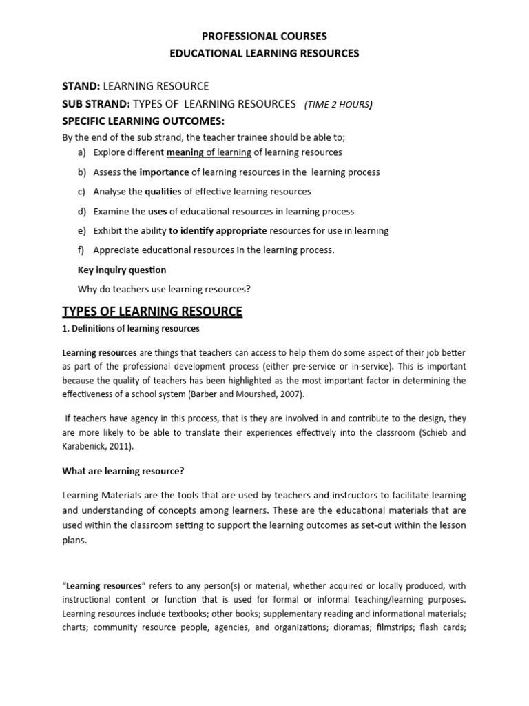 Types of Learning Resources Notes | PDF | Learning | Educational Technology