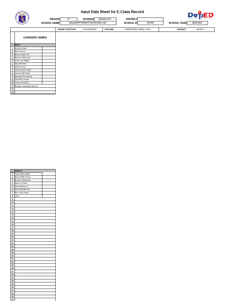 Class Record in Mapeh 4 q3 2023 2024 | PDF