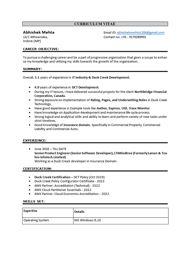 CV_AbhishekMehta(Duckcreek) | PDF | Computing | Software
