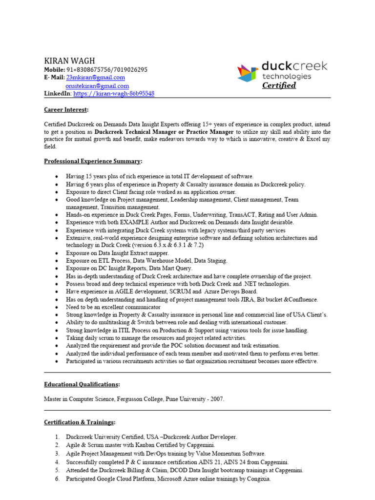 Kiran SR - Manager Duckcreek | PDF | Microsoft Sql Server | Databases