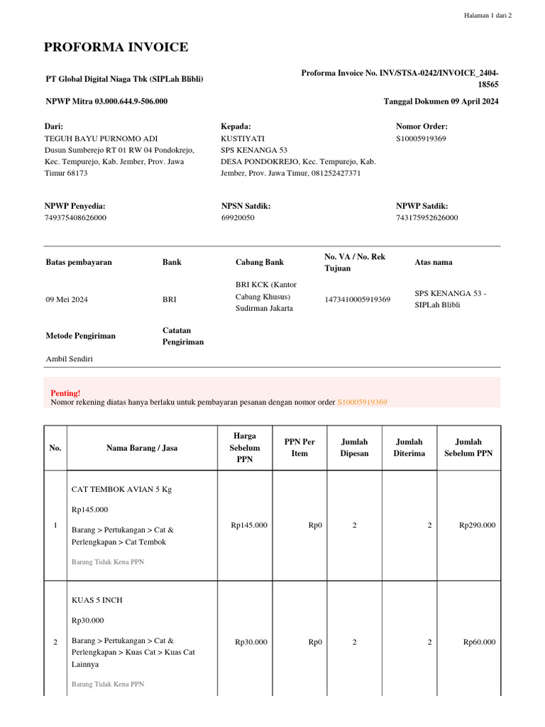 Proforma Invoice S10005919369 2024 | PDF