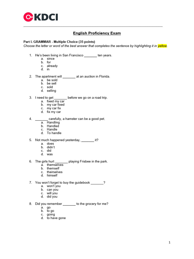 English Proficiency Exam - Grammar, Vocabulary and Error Recognition ...