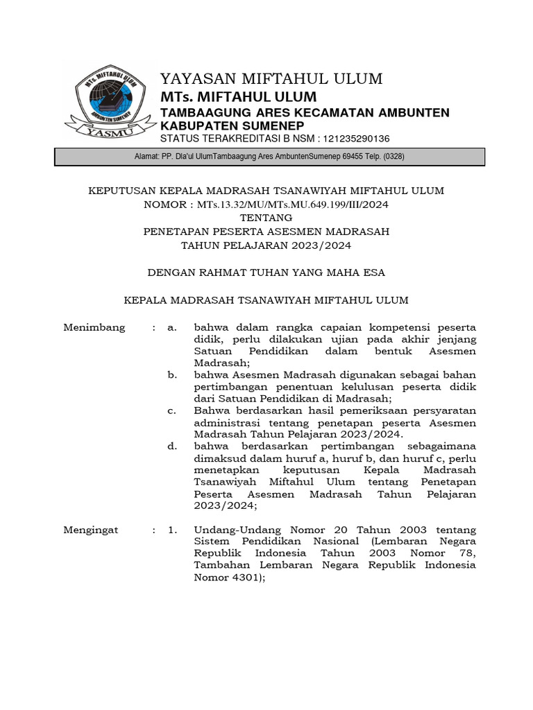 SK Peserta Asesmen Madrasah Madrasah Tahun 2024 | PDF