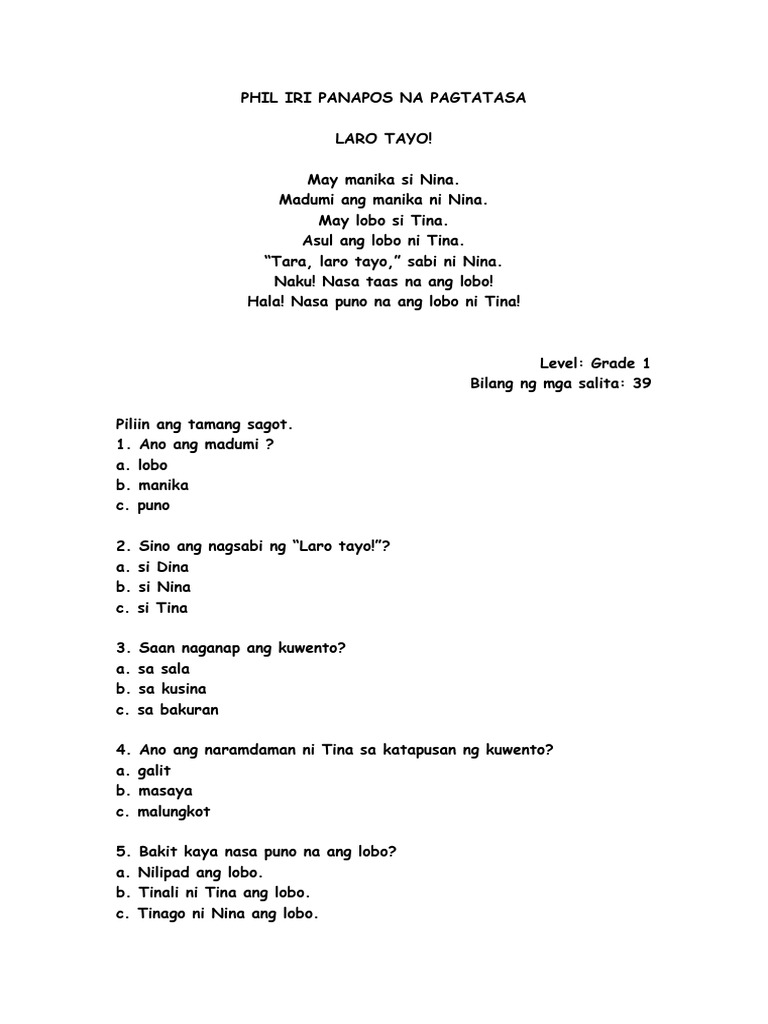 Phil Iri Panapos Na Pagtatasa | PDF