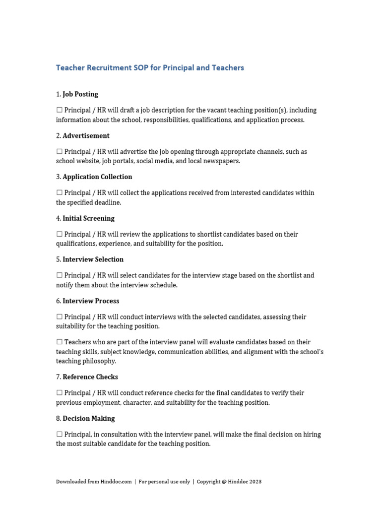 Teacher Recruitment SOP For Others | PDF | Recruitment | Teachers