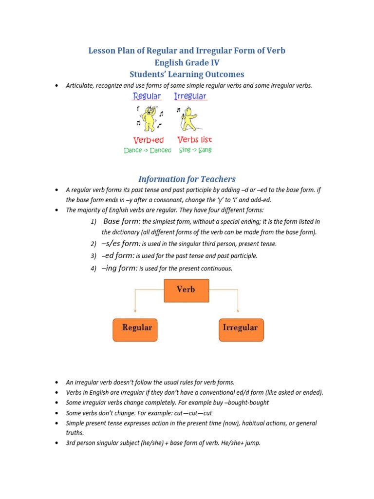 Lesson Plan of Regular and Irregular Form of Verb | PDF | Grammatical ...