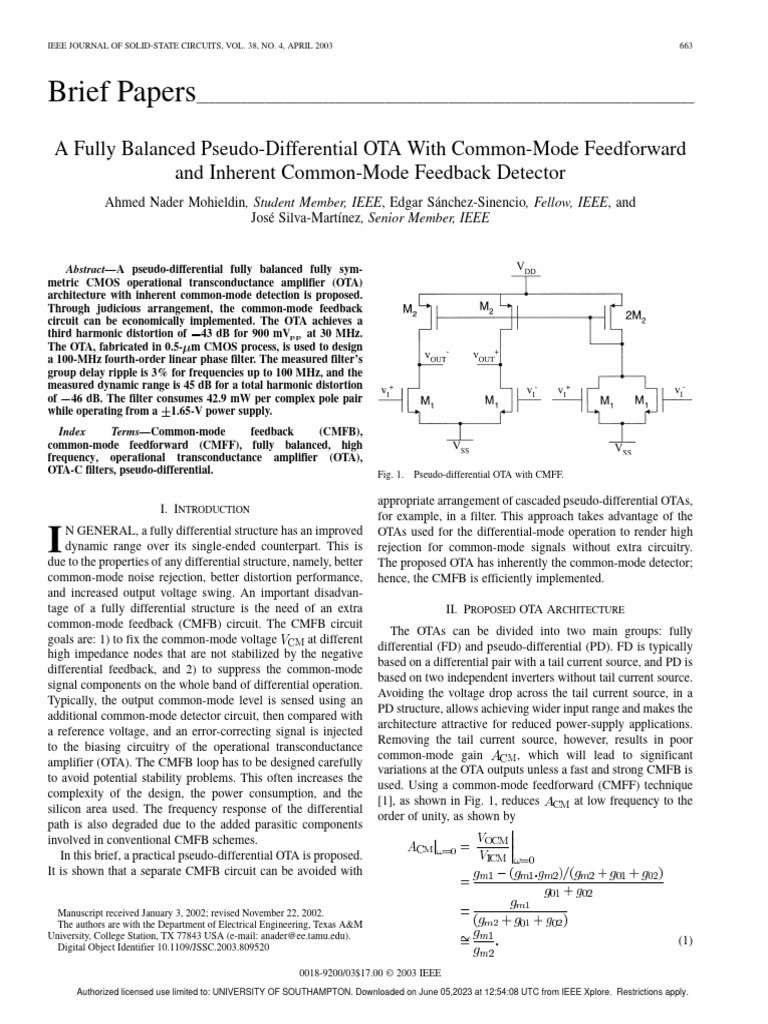 A Fully Balanced Pseudo-Differential OTA With Common-Mode Feedforward and Inherent Common-Mode ...