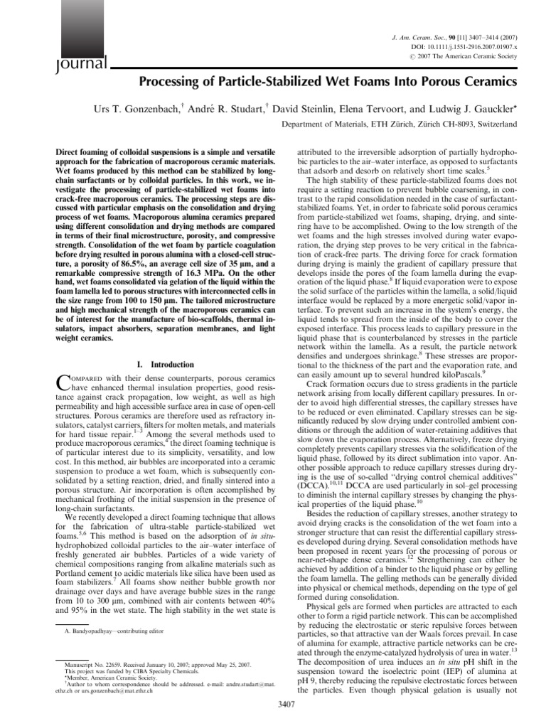 Processing of Particle Stabilized Wet Foam | PDF | Sintering | Foam