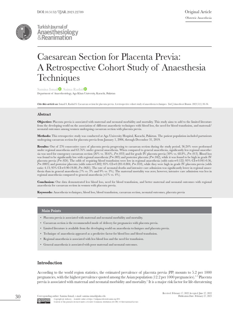 Caesarean Section For Placenta Previa A Retrospective Cohort Study of Anaesthesia Techniques ...