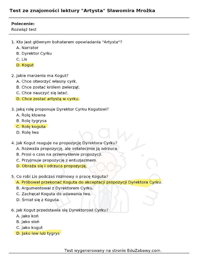 Zemsta Test Z Lektury Do Druku Kolorowanki Do Druku Autarquicas