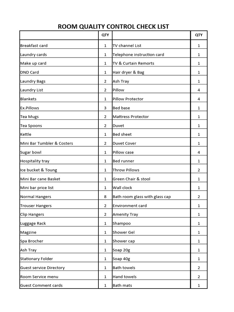 Room Amenity Supply Check List | PDF