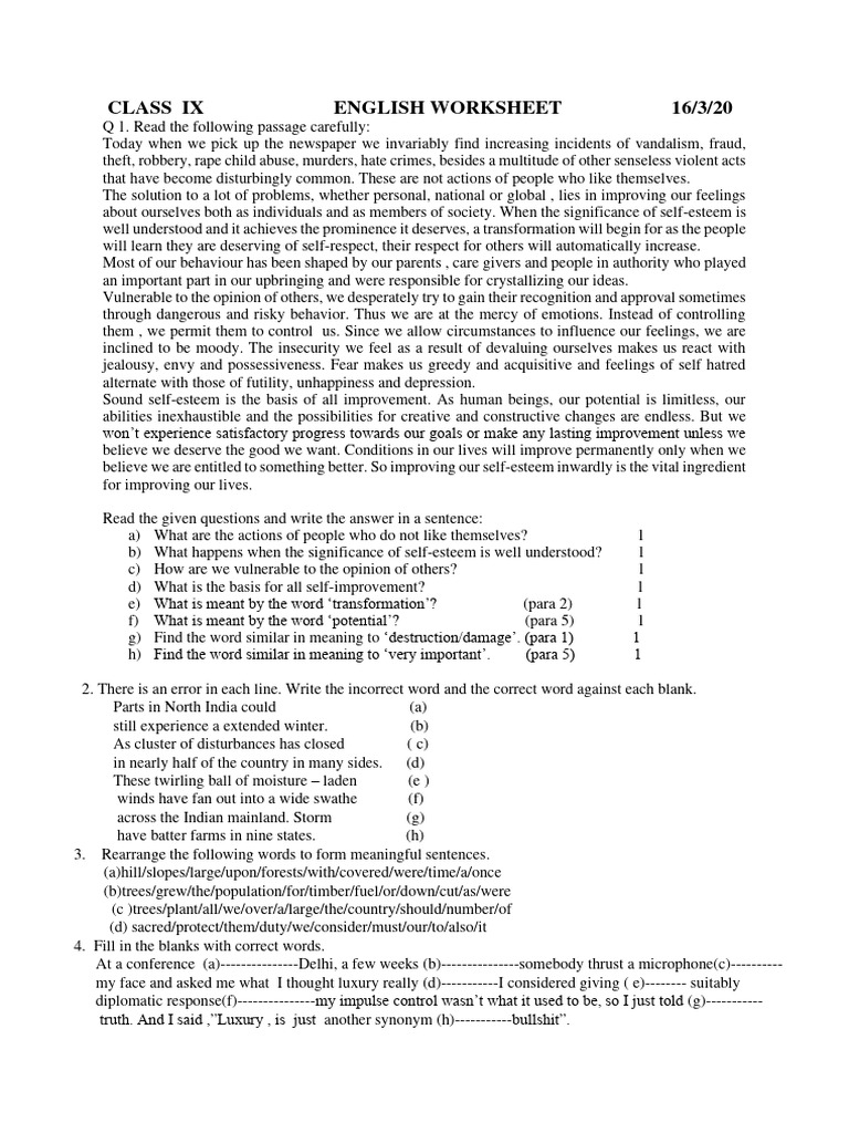 Class Ix English Worksheet 16/3/20 | PDF | Self Esteem | Psychology