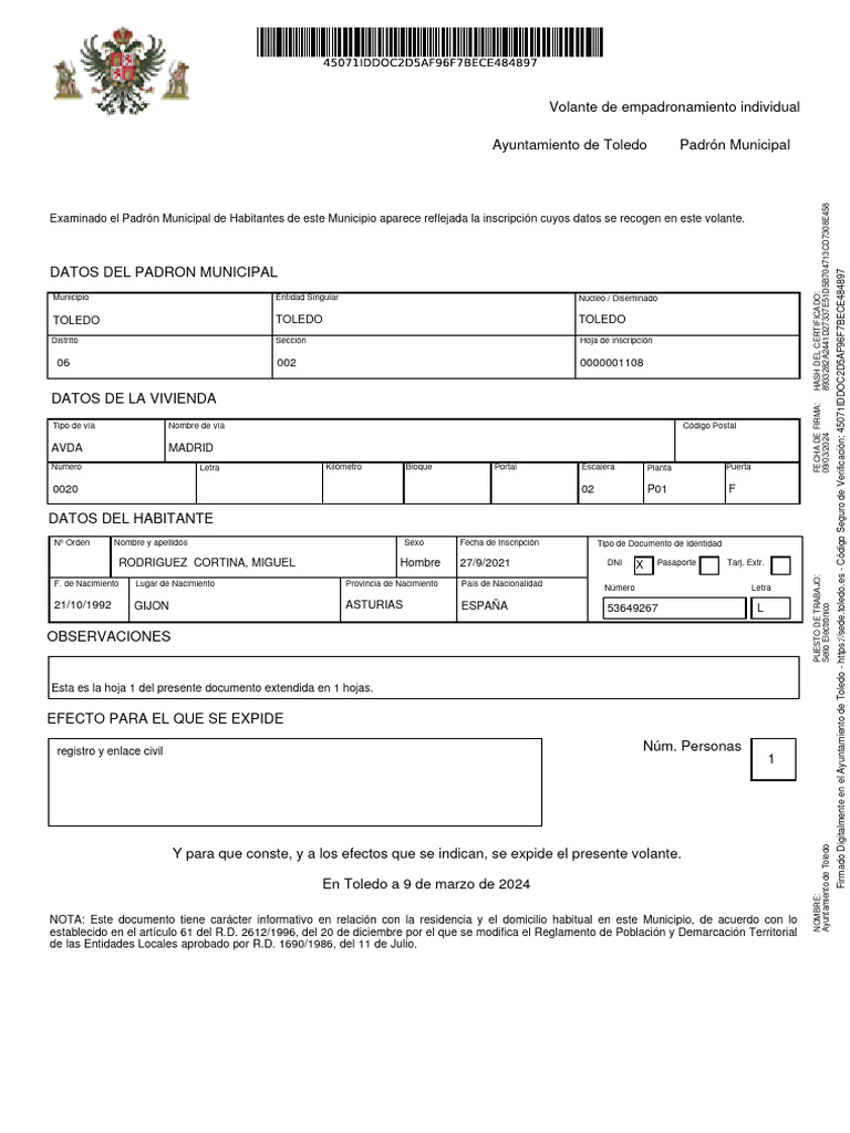 Certificado Empadronamiento | PDF | Documento de identidad | Gobierno y personalidad