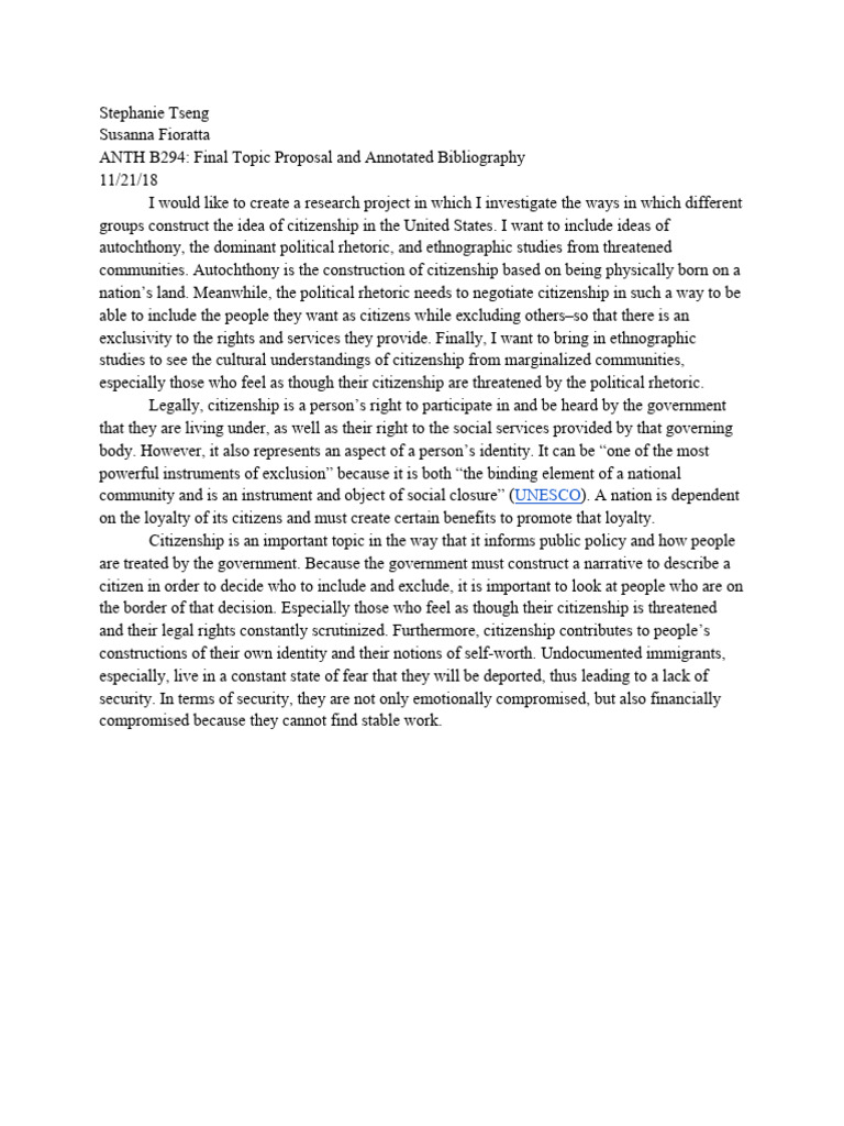 ANTH 294 Tseng Topic Proposal | PDF | Citizenship | Immigration