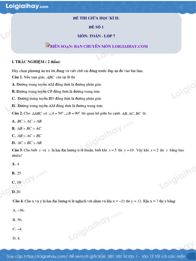 De Kiem Tra Giua Hoc Ki 2 Toan 7 de So 1 Ket Noi Tri Thuc 1673580801 | PDF