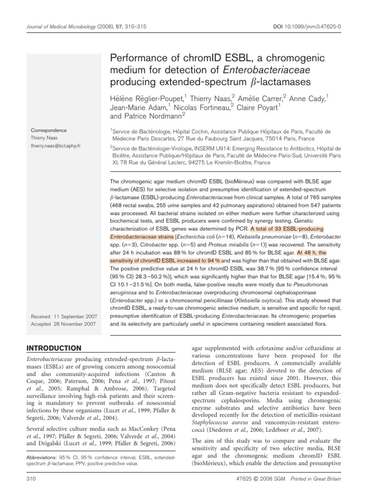 Performance of chromID ESBL, A Chromogenic Medium For Detection of ...