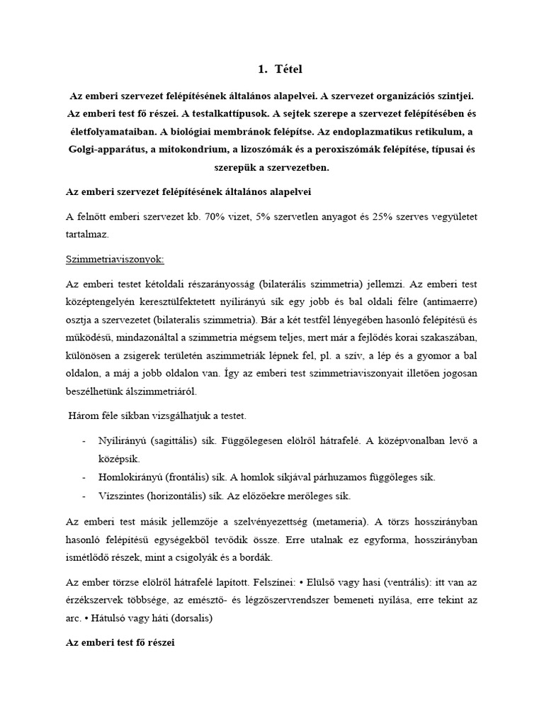 1.az Emberi Szervezet Felépítése | PDF