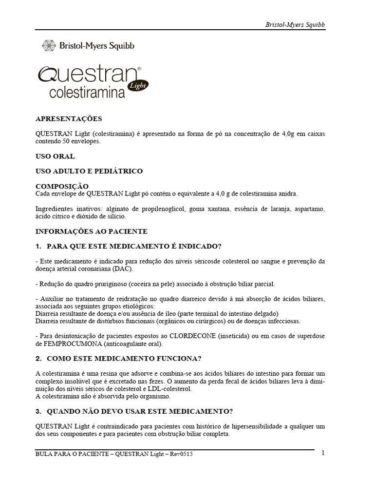 Bula do Questran Light: Indicações e Uso | PDF | Vitamina | Colesterol