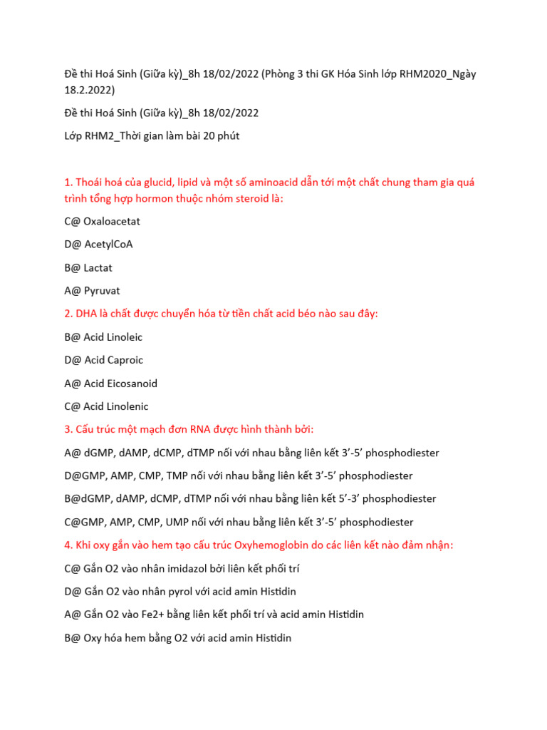 Gi A K Hóa Sinh RHM 2020 | PDF