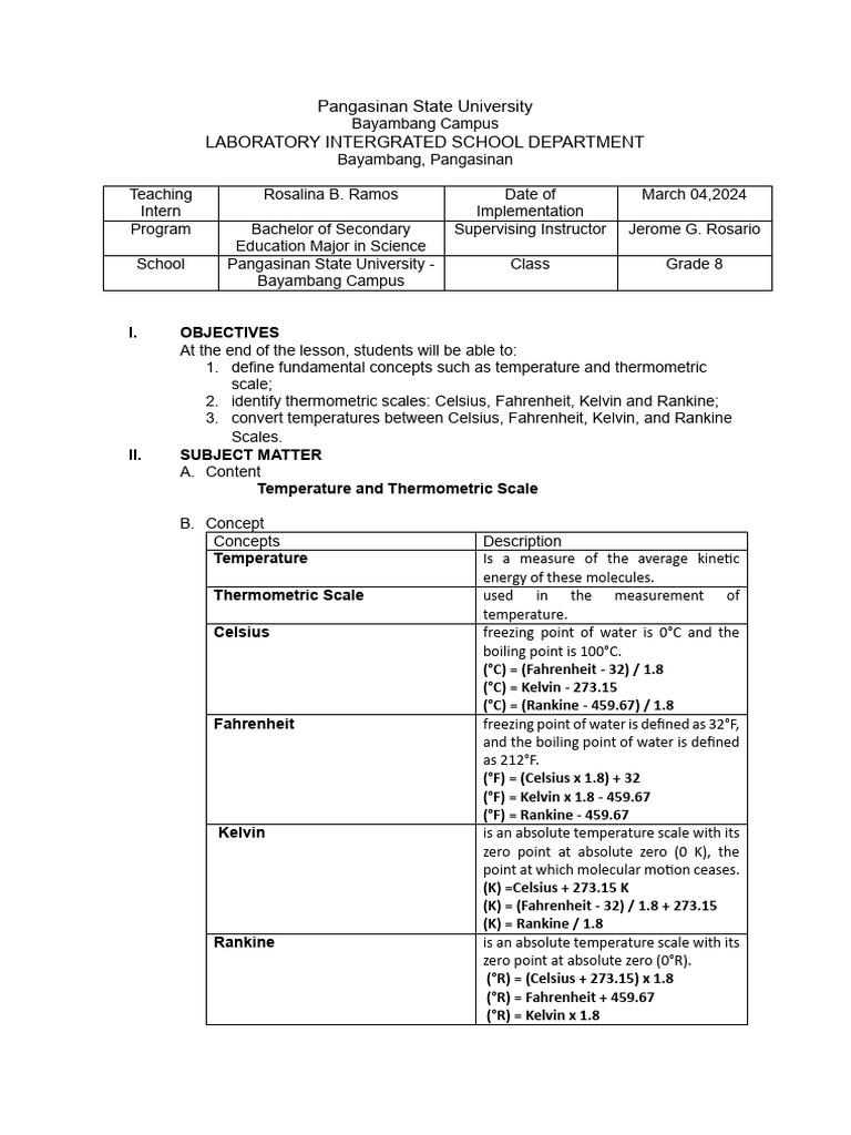 Lesson Plan - Temperature | Download Free PDF | Fahrenheit | Temperature