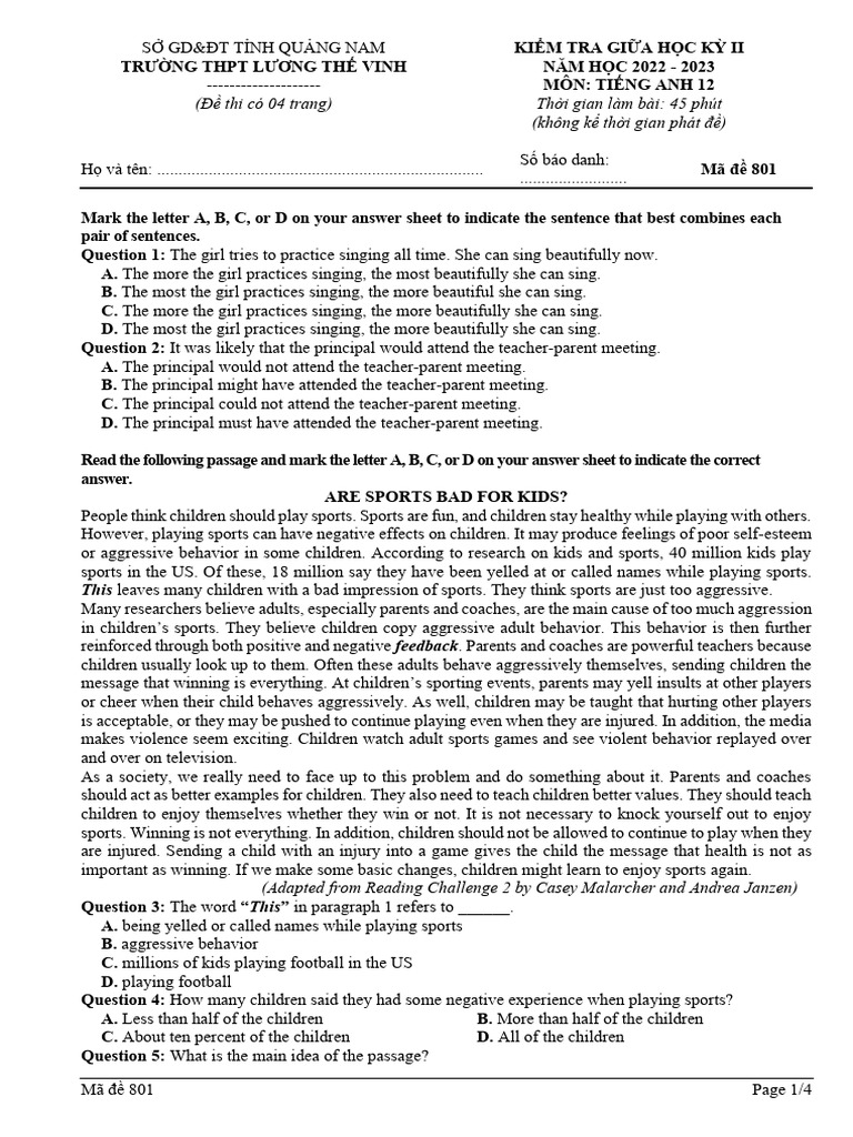 De Giua Ky 2 Tieng Anh 12 Nam 2022 2023 Truong THPT Luong The Vinh Quang Nam | PDF | Sports | Books