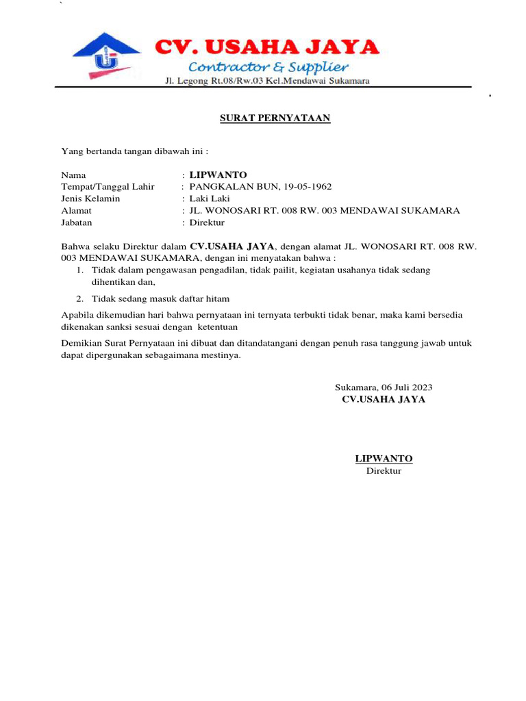 Isian Kualifikasi Cv. Usaha Jaya | PDF