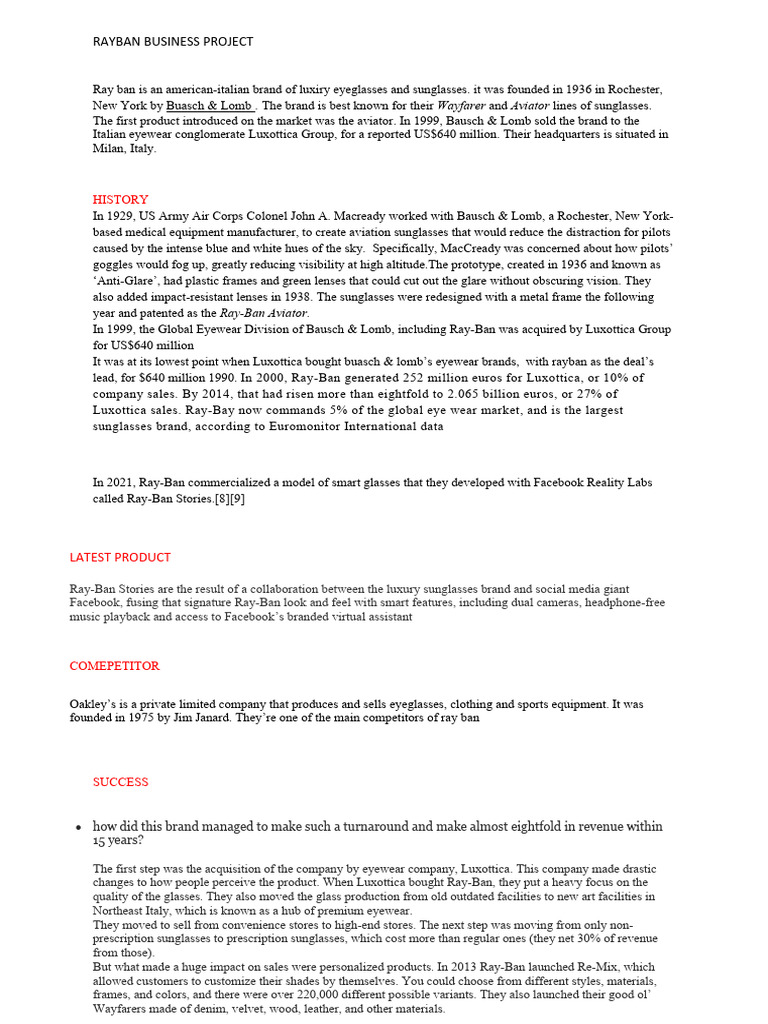 Rayban Business Project | PDF | Glasses | Sunglasses