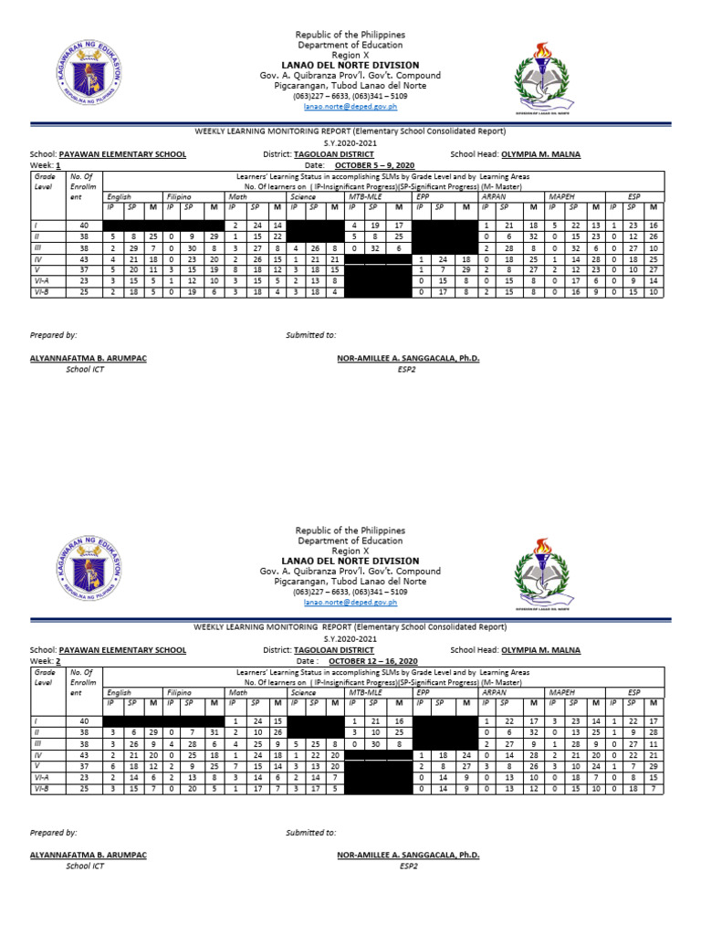 WEEKLY LEARNING MONITORING REPORT Elementary School Consolidated Report ...