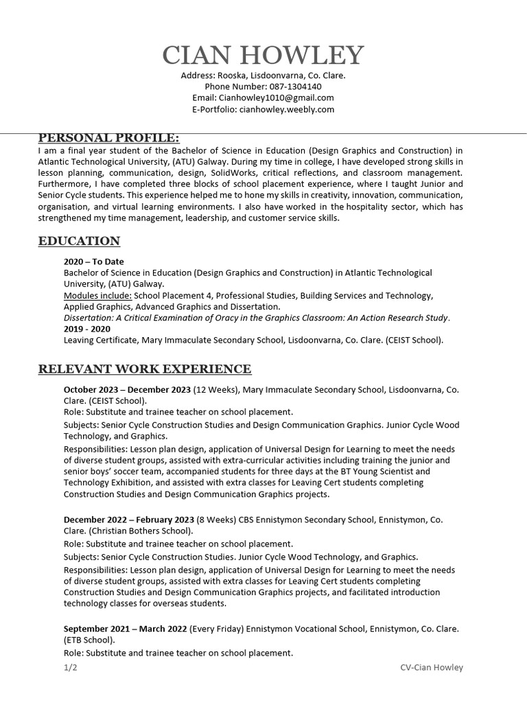 Professional CV Cian Howley | PDF | Schools | Lesson Plan