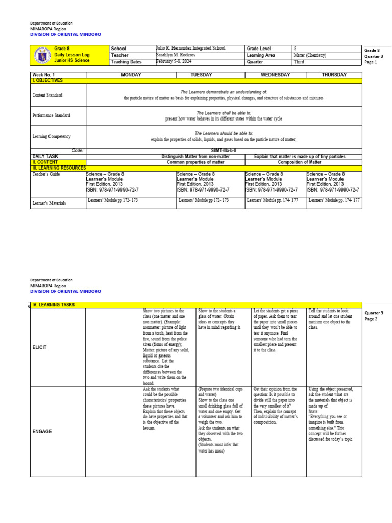 Science 8 DLL w1 and 2 q3 | PDF | Matter | Evaporation