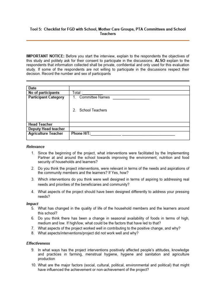 Tool 5 Checklist For FGD With Various Committees | PDF