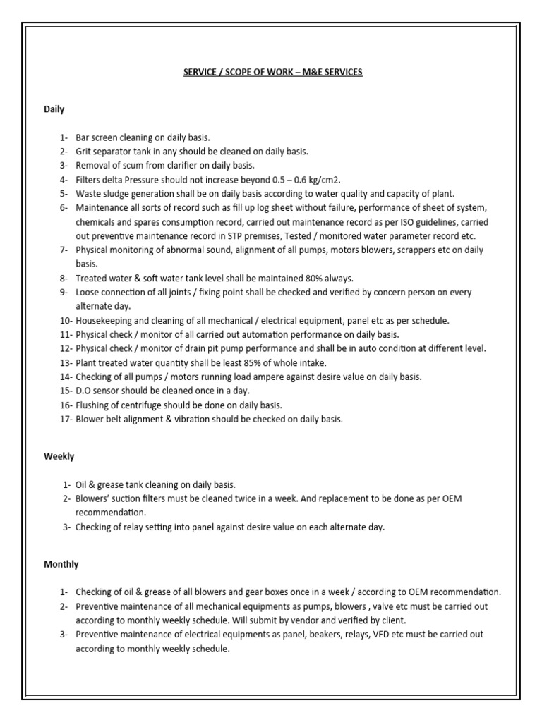 Service & Scope of Work - M&E Services | PDF | Pump | Water