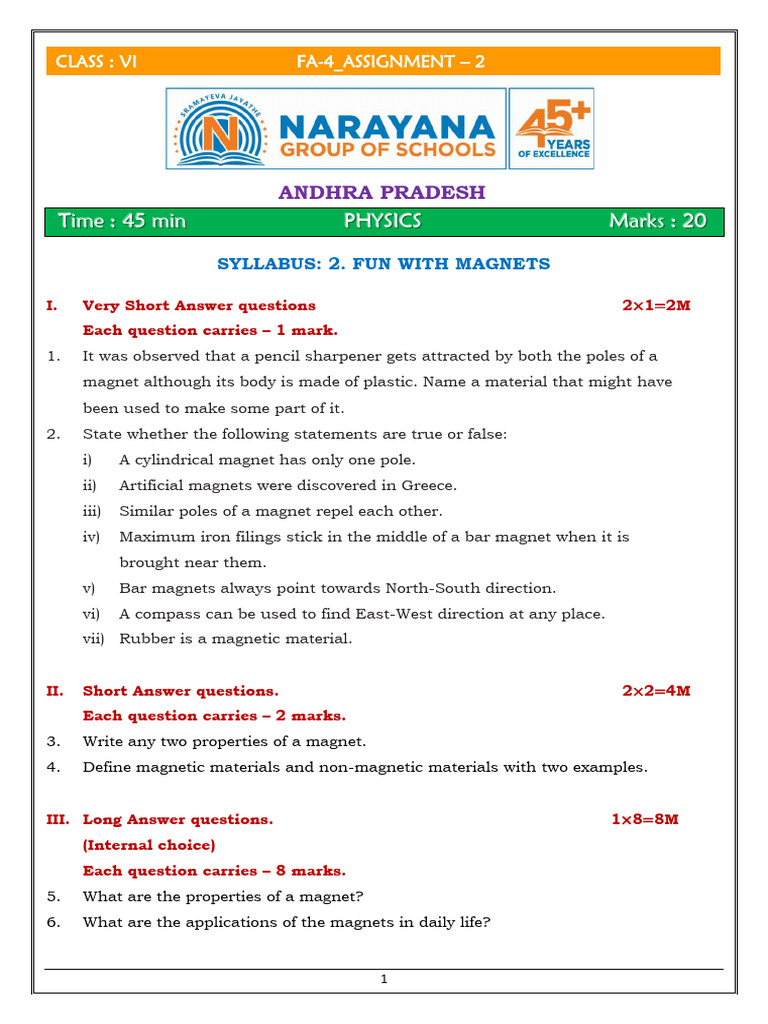 AP Class-Vi Physics Fa-4 Assignment-2 20240223 222239 | PDF | Magnet | Magnetism