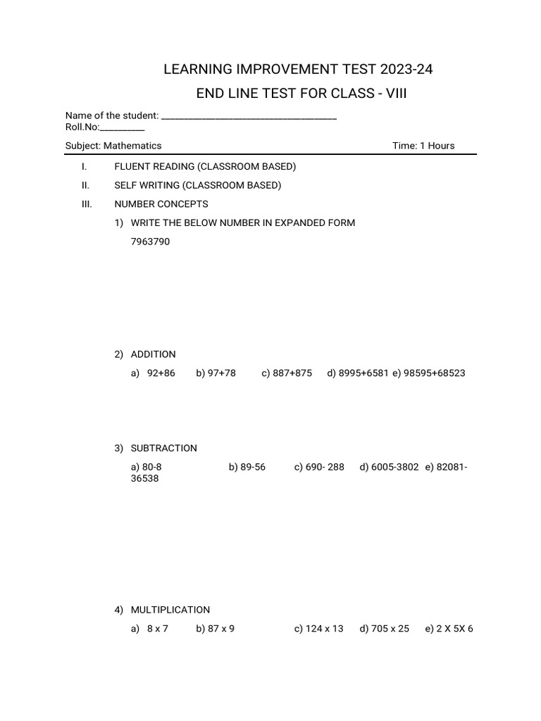 Lip End Line Test Viii (2023-24) | PDF | Teaching Methods & Materials ...