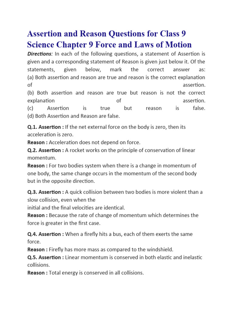 Class 9th Chapter Force and Laws of Motion Assertions - Reason | PDF | Force | Momentum