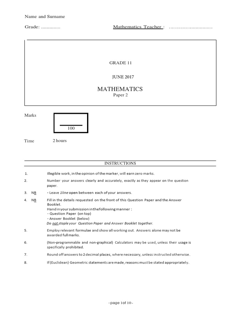 E2 GR 11 2017 June Paper 2 | Download Free PDF | Mathematics