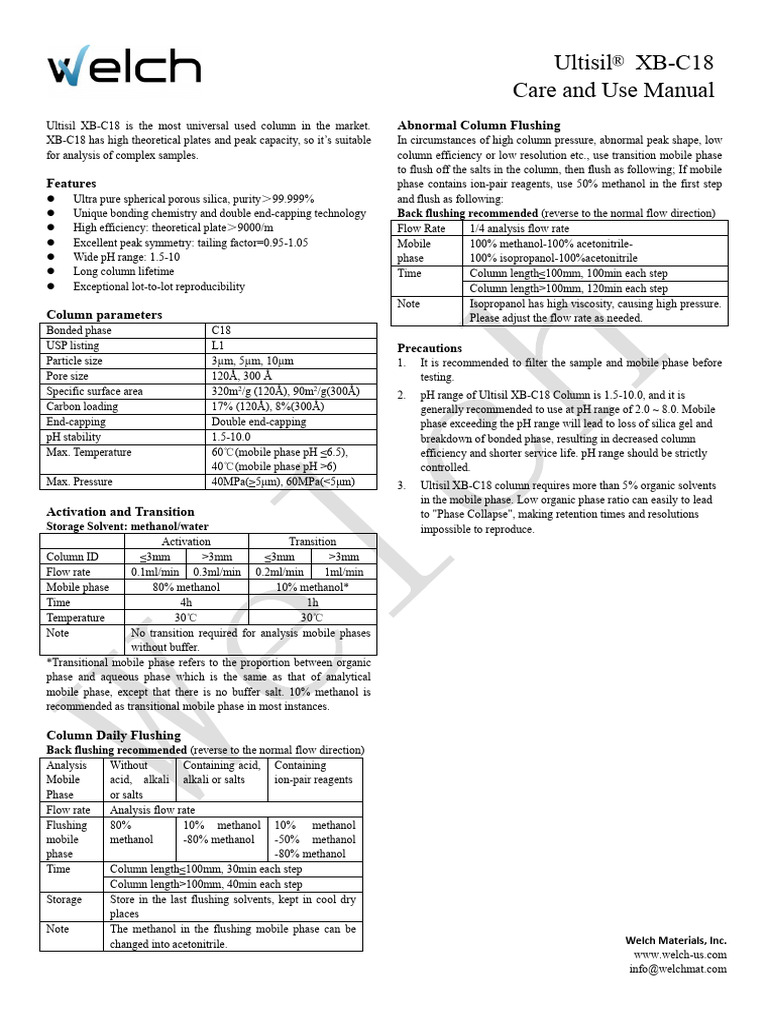 XB C18 User Manual | PDF | Elution | Phase (Matter)