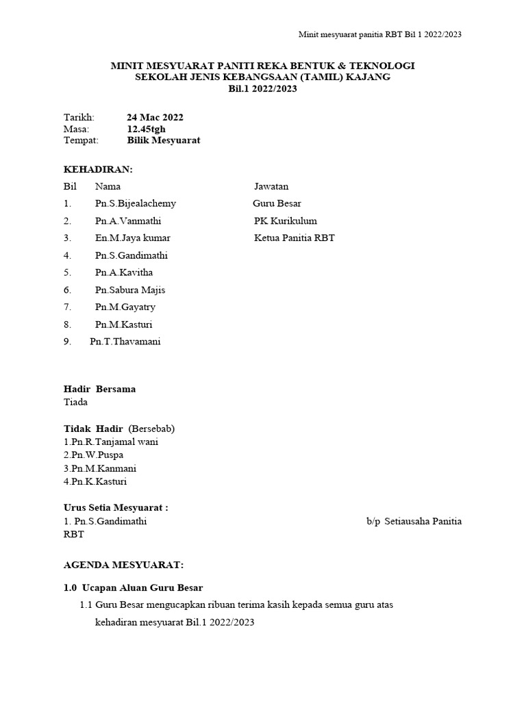 Minit Mesyuarat RBT PERTAMA 2022&2023 | PDF