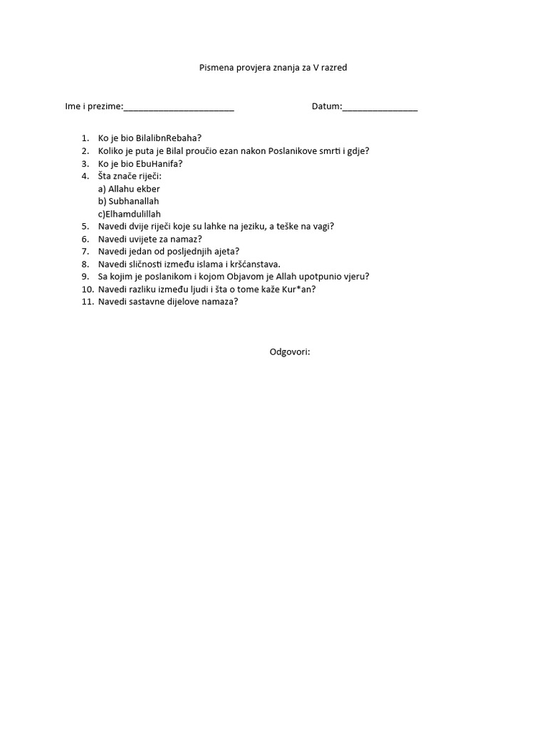 Pismena Provjera Znanja Za V Razred | PDF