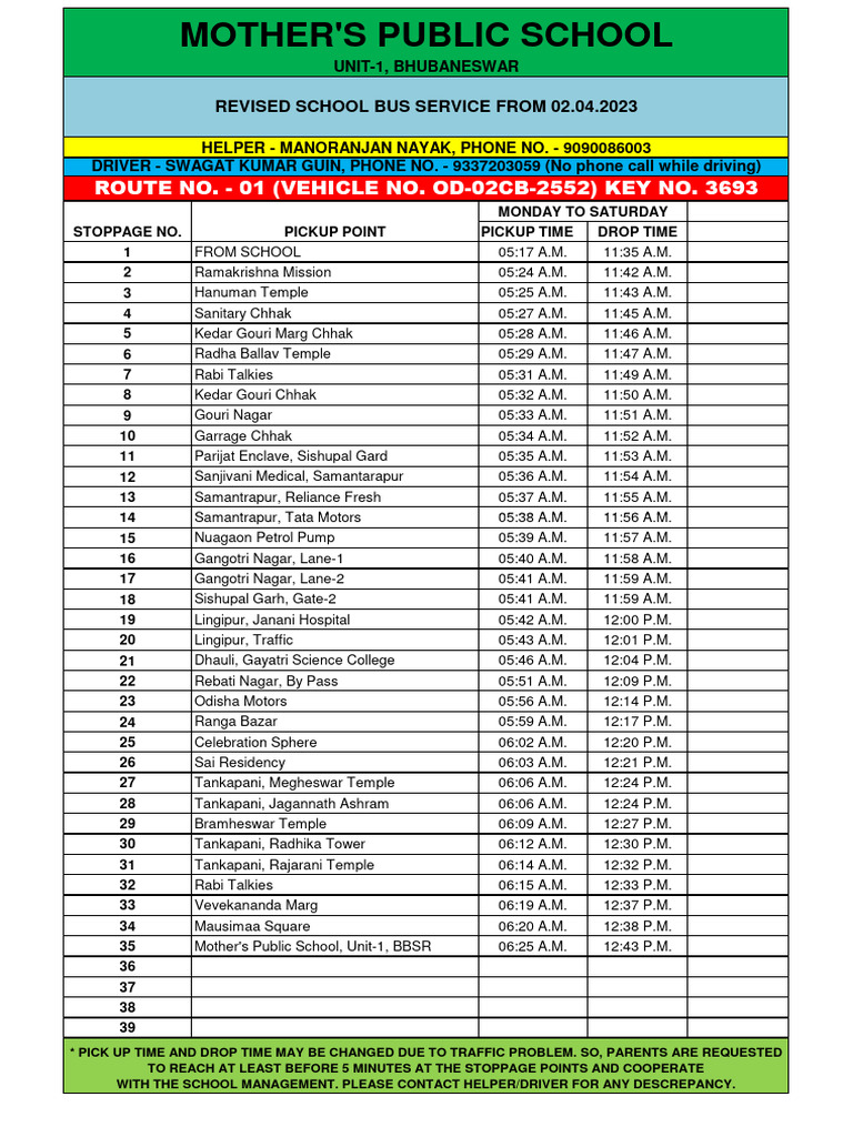 Mother's Public School Bus Schedule | PDF | Transport | Bus Transport
