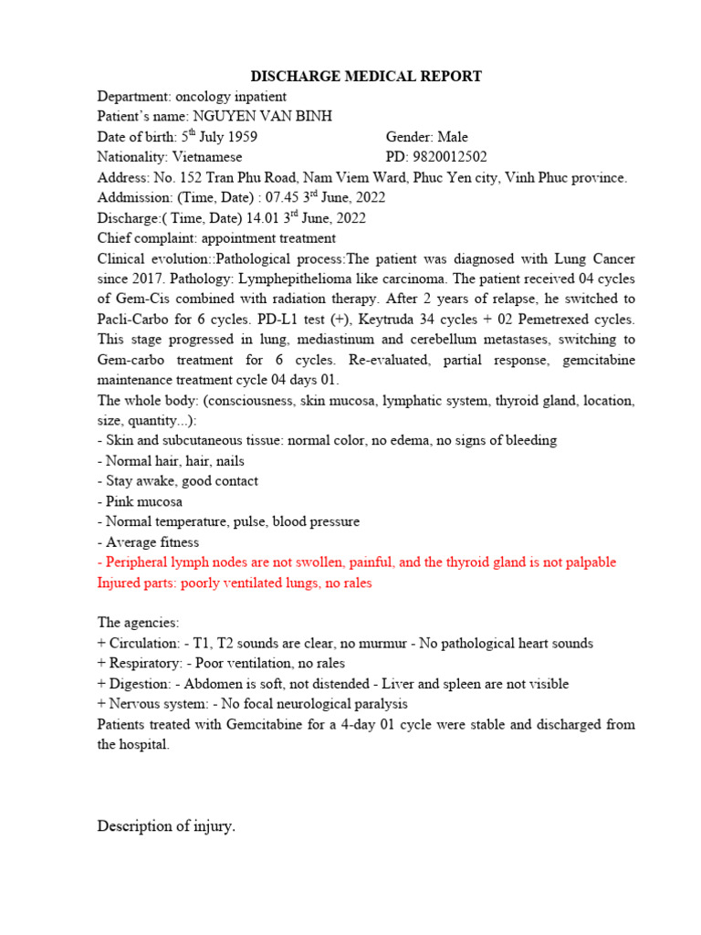 Discharge Medical Report | PDF